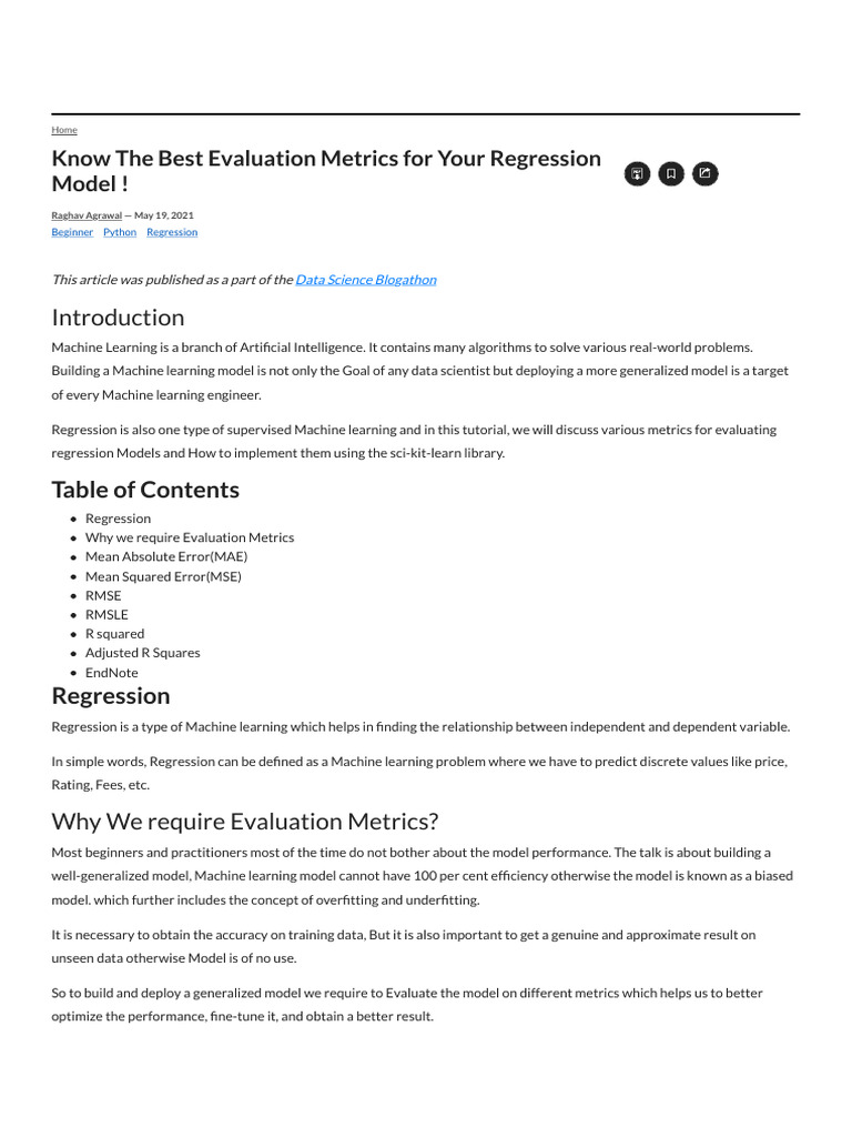 Evaluation Metrics For Your Regression Model - Analytics Vidhya | PDF | Mean Squared Error ...