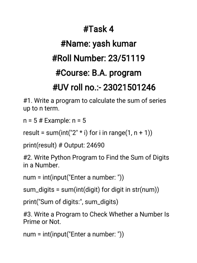 Task 4 Inputs Yash Kumar 23.51119 | PDF | Computer Programming ...