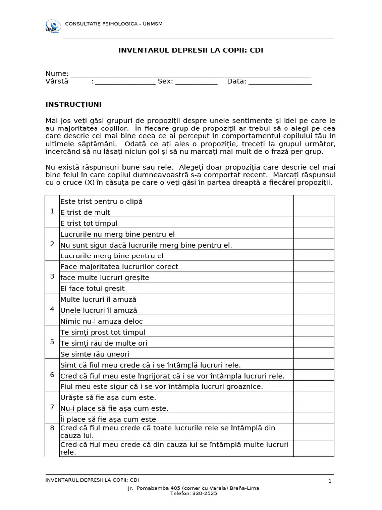 INVENTAR DE DEPRESIE PENTRU COPII | PDF