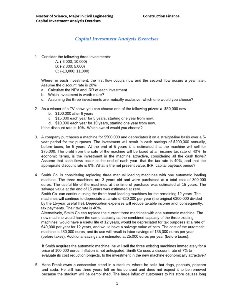 Capital Investment Analysis Exercises - copy | PDF | Internal Rate Of ...