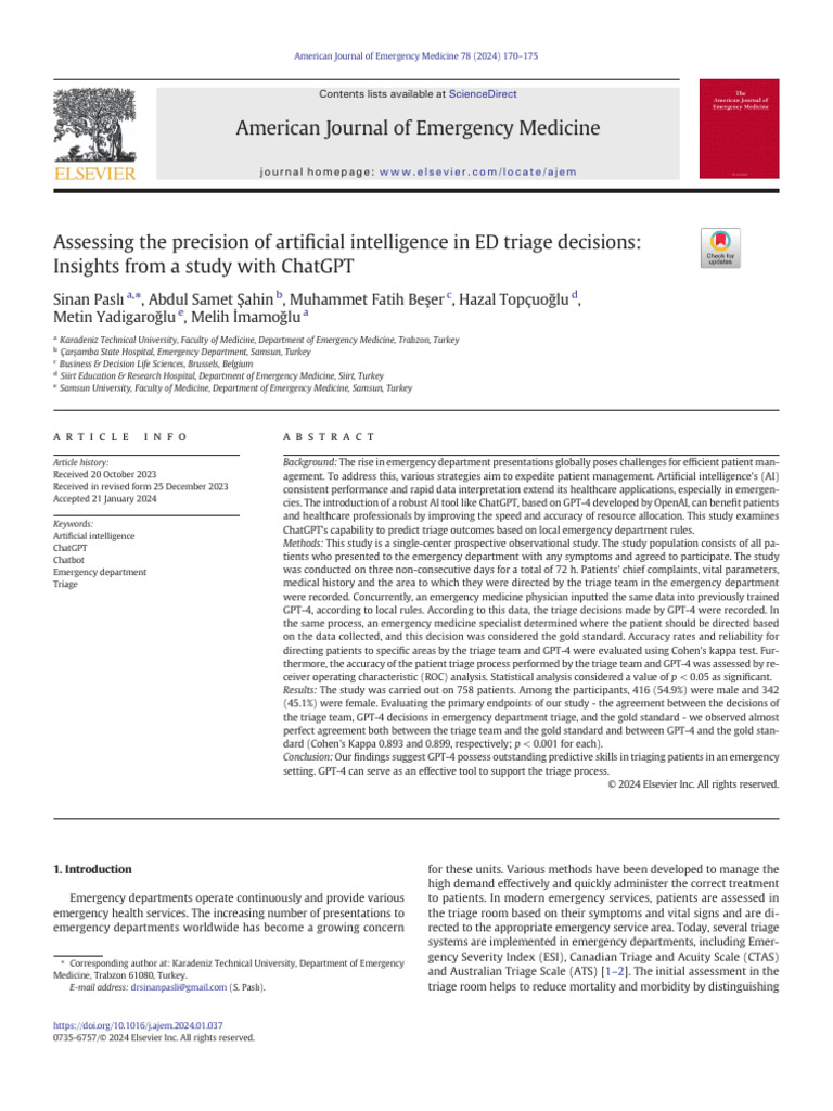 E - Assessing The Precision of Artificial Intelligence in ED Triage Decisions | PDF | Emergency ...