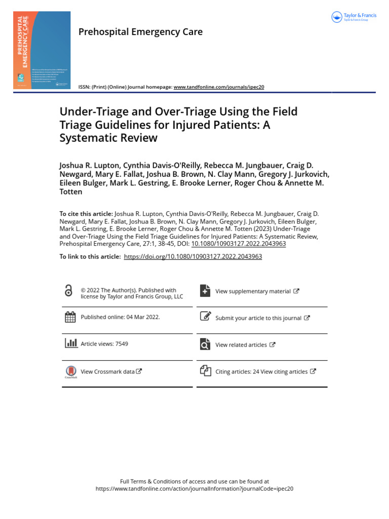 I - Under-Triage and Over-Triage Using The Field Triage Guidelines For Injured Patients A ...