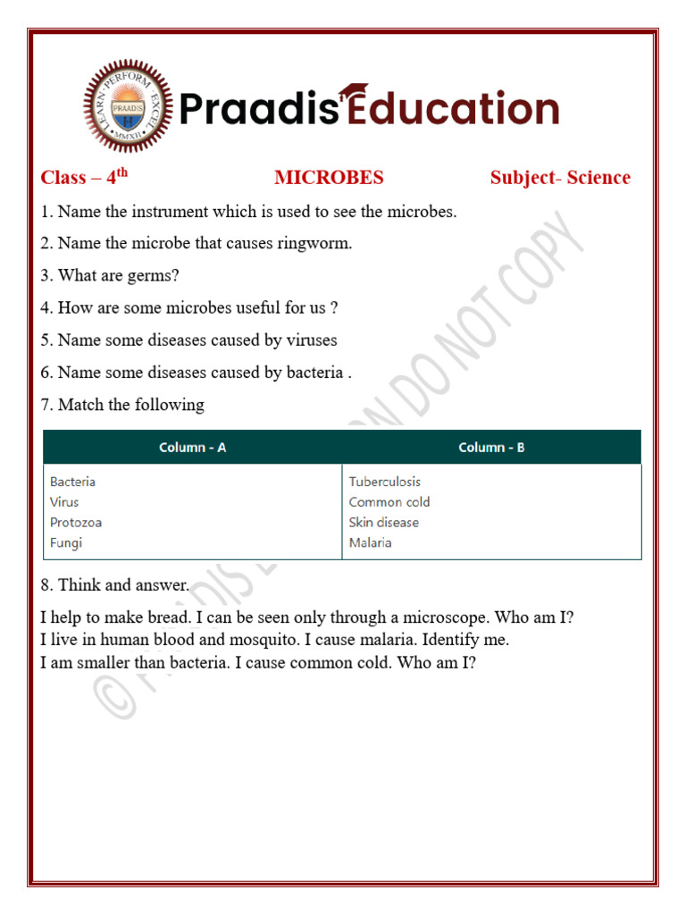 Microbes: Science Questions for 4th Grade | PDF