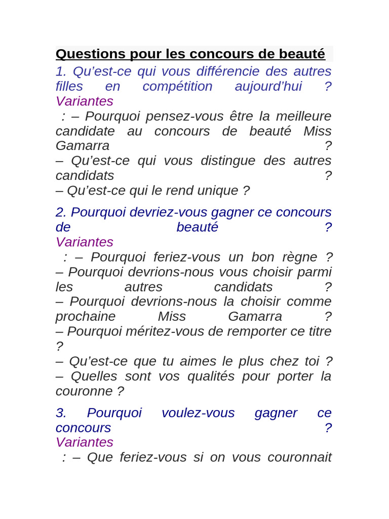 Questions pour concours de beauté | PDF