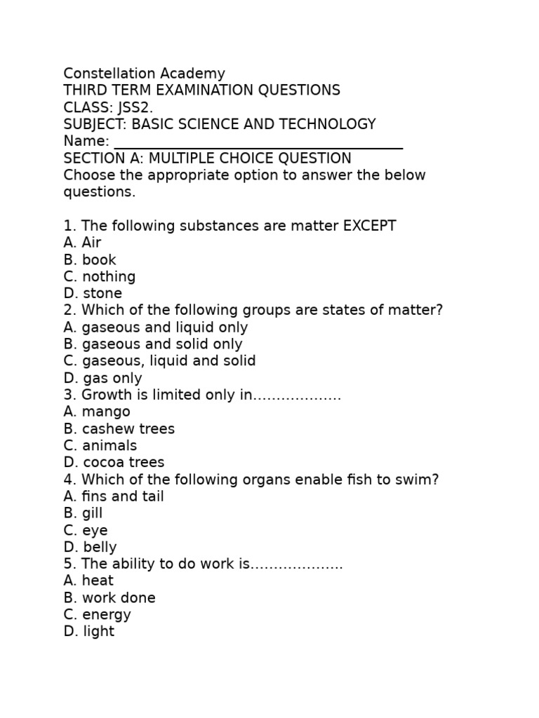 Jss2 Basic Sci 3rd Term Exam | PDF | Gear | Friction