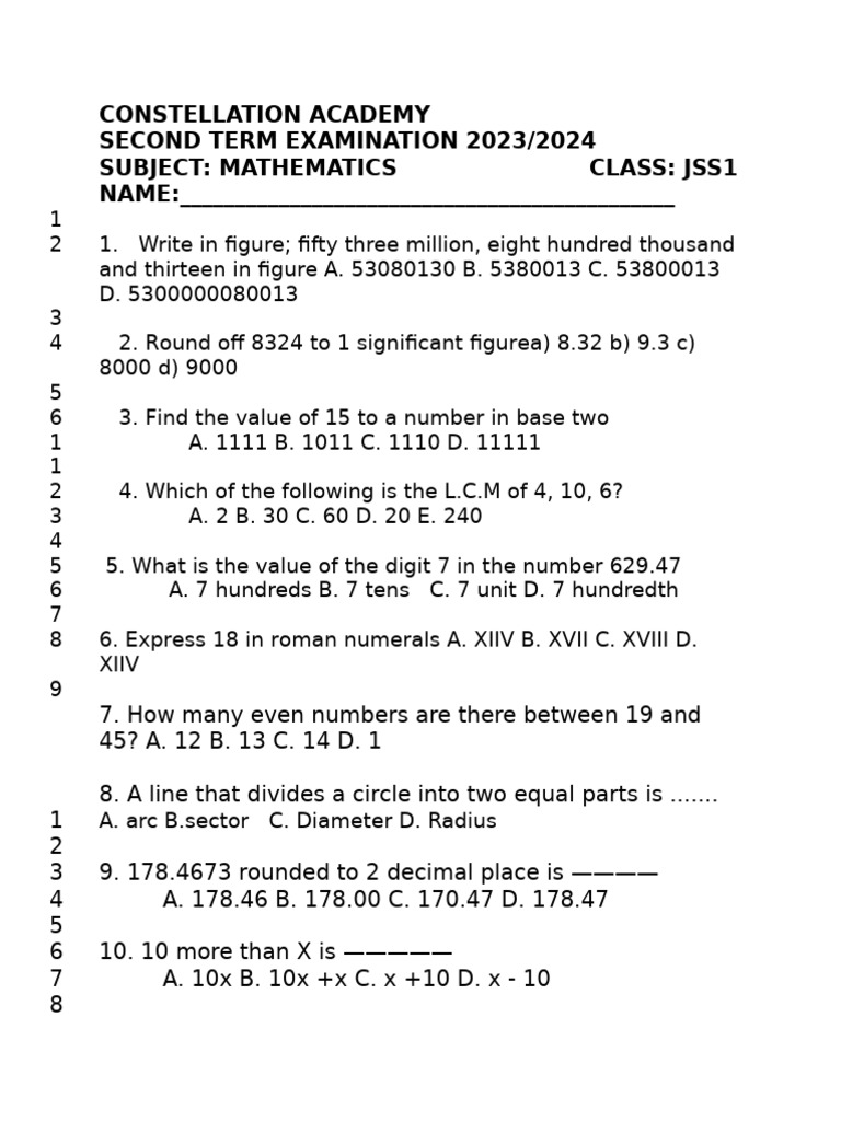 Jss1 2nd Term Mathematics Exam | PDF | Euclidean Geometry | Elementary ...