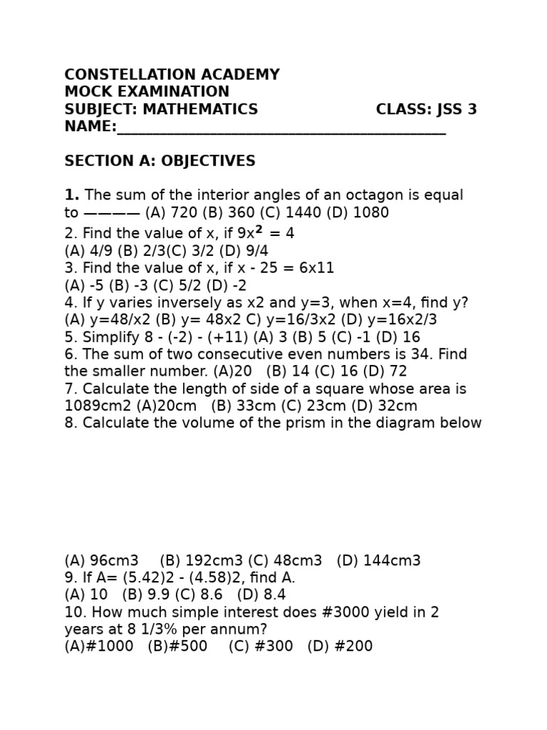 Jss3 Mathematics Mock Exam | PDF | Area | Mathematics