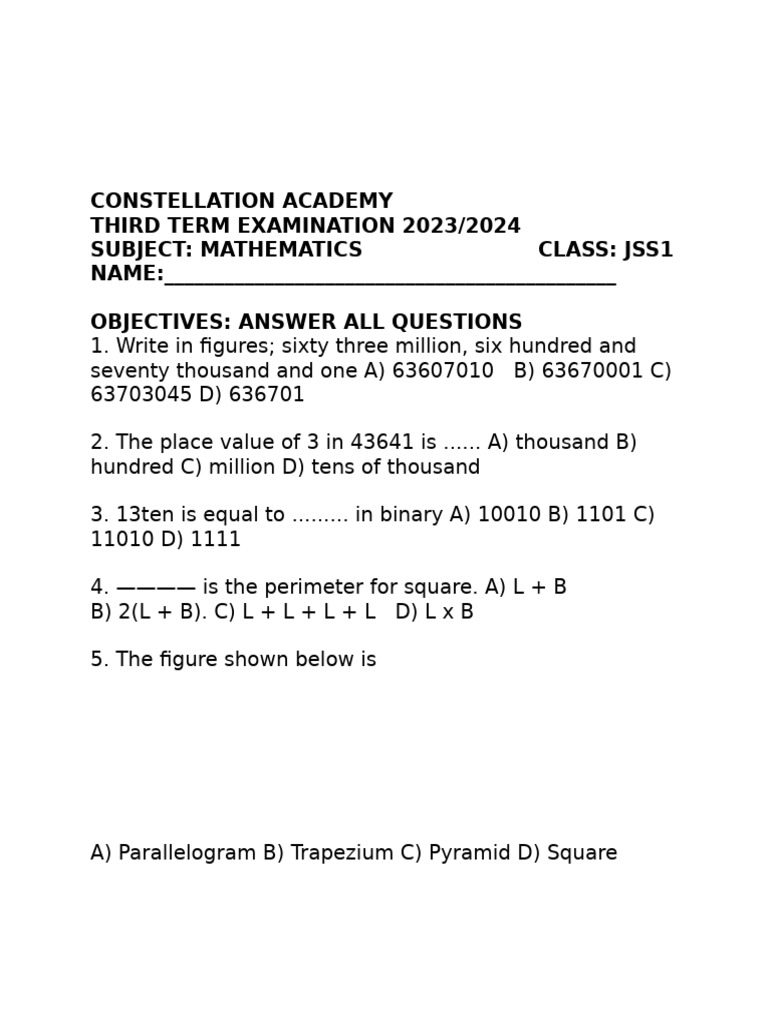Jss1 Maths 3rd Term Exam. | PDF | Rectangle | Area