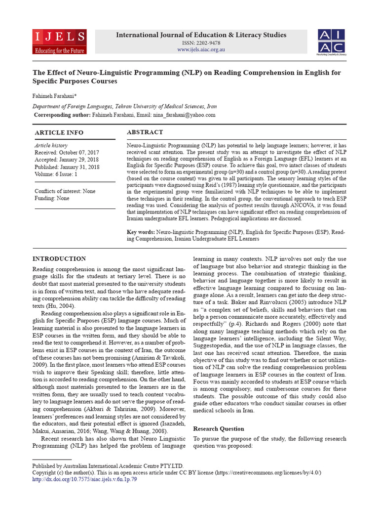 The effect of NLP on reading comprehension in English for specific purpose courses | PDF | Neuro ...