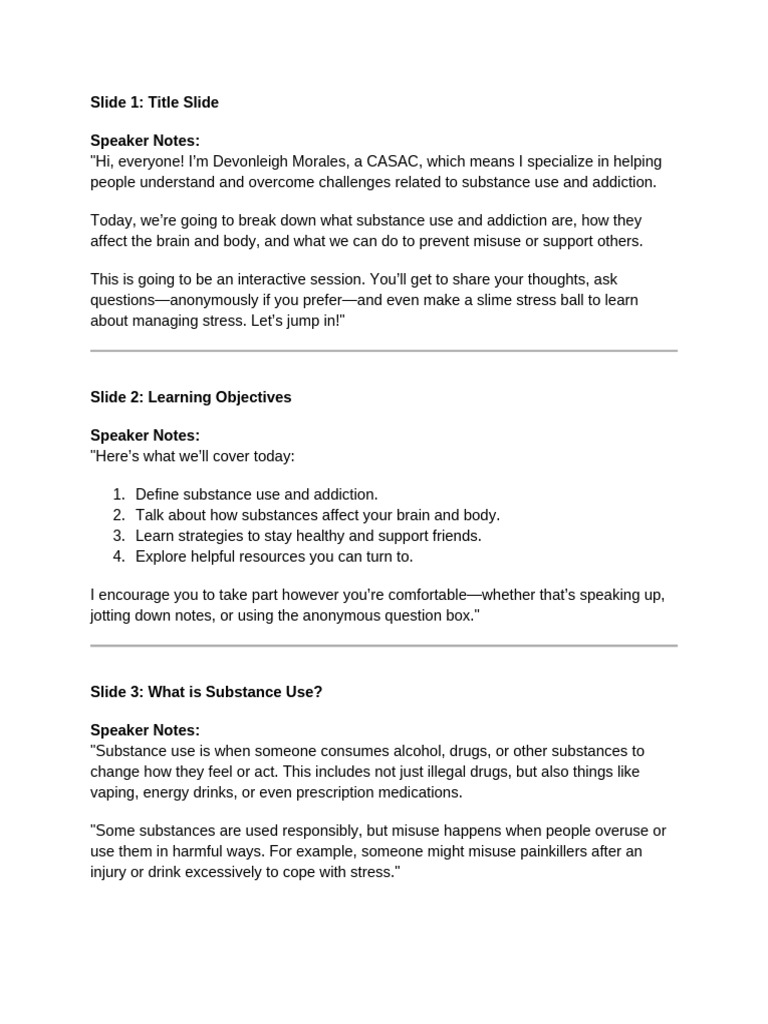 powerpoint speaker notes | PDF | Substance Abuse | Stimulant