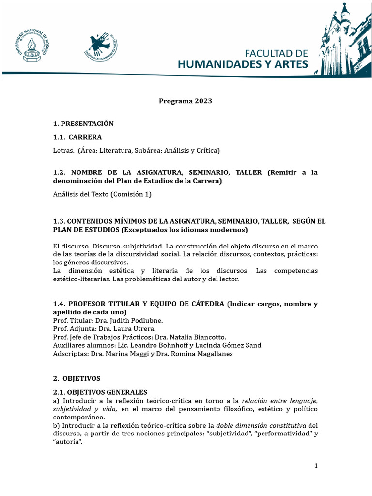 Programa Análisis Del Texto (Comisión 1) | PDF | Autor | Autobiografías