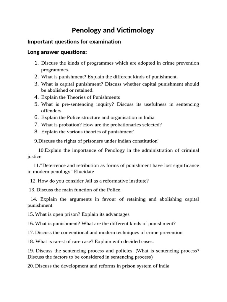 Penology and Victimology Exam Questions | PDF | Punishments | Victimology