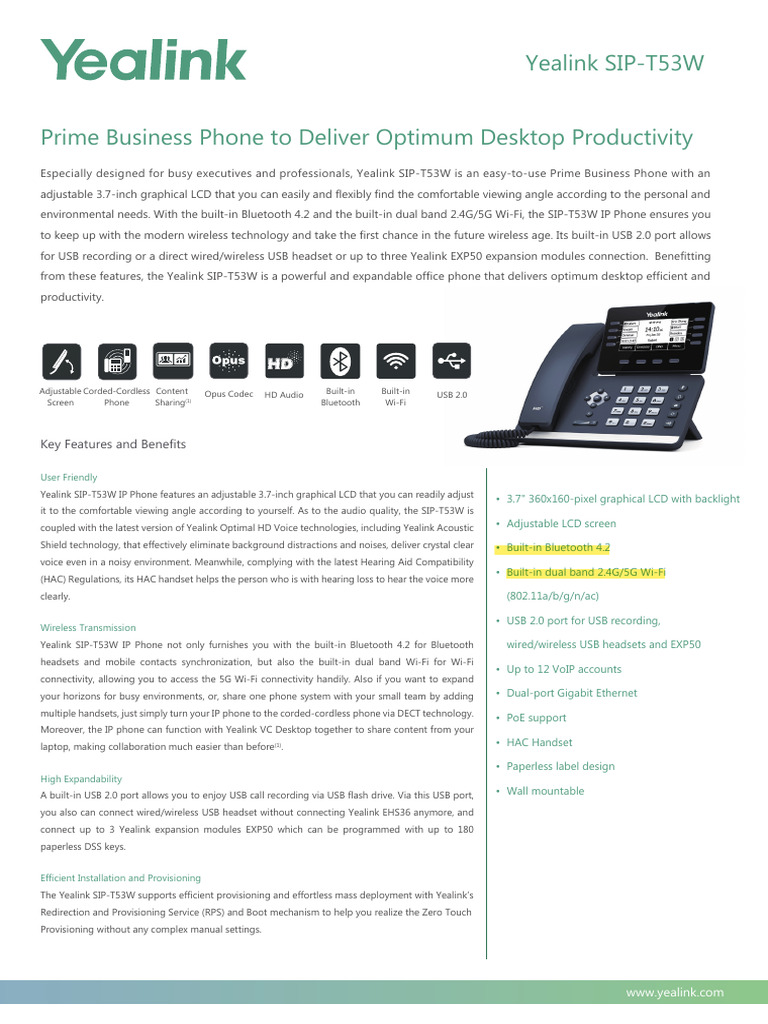 Yealink-T53W-Datasheet-EN | PDF | Usb | Telephone