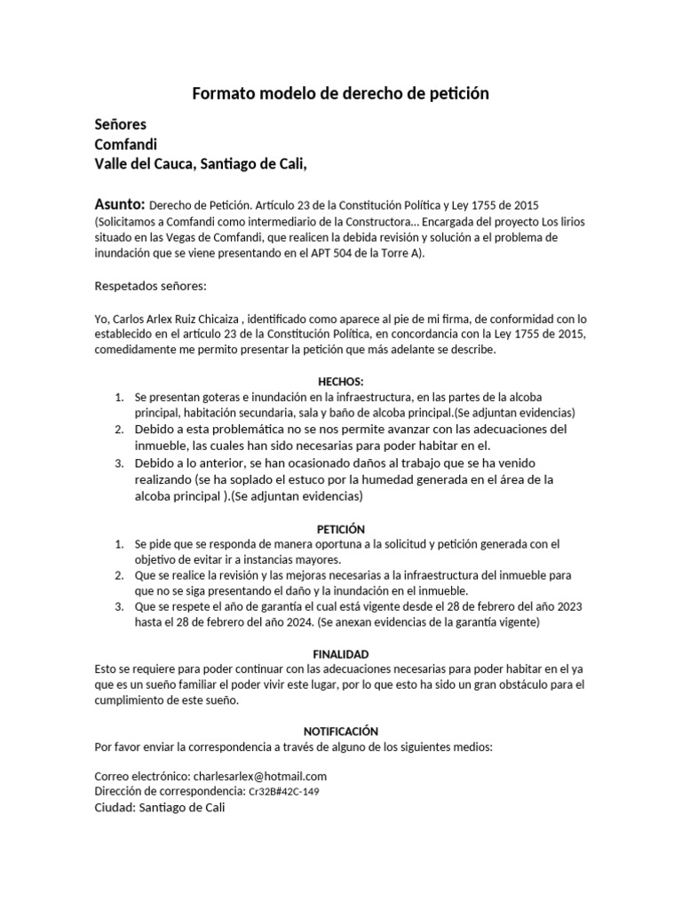 Formato Modelo de Derecho de Petición | PDF