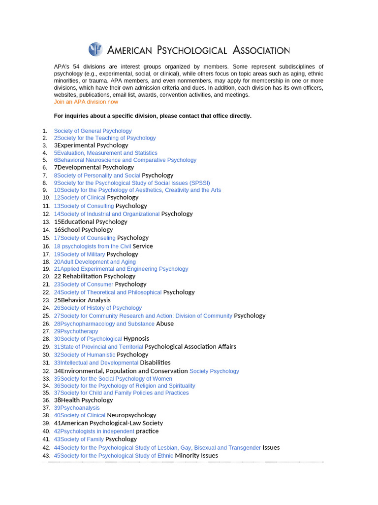Divisions of La Apa | PDF | Psychology | American Psychological Association