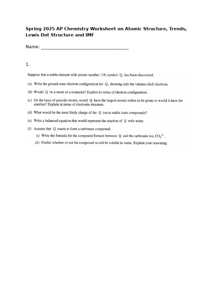 Spring 2025 AP Chemistry Worksheet On Atomic Structure | PDF