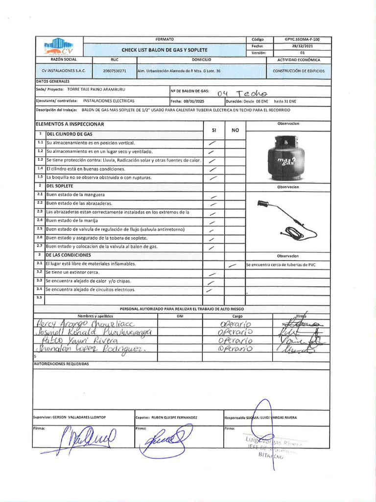 Check List de Balon de Gas y Soplete | PDF