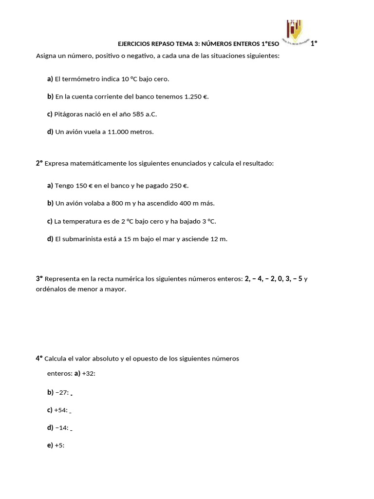Repaso Números Enteros | PDF