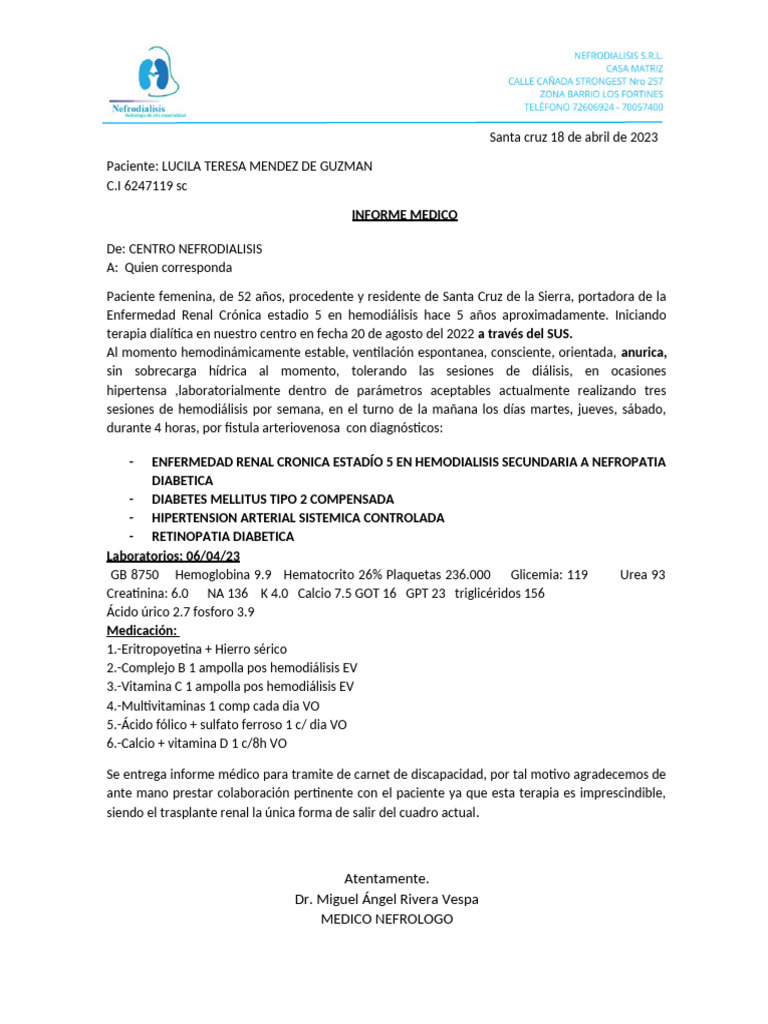 Informe Médico: Pacientes en Hemodiálisis | PDF | Hemodiálisis | Diabetes