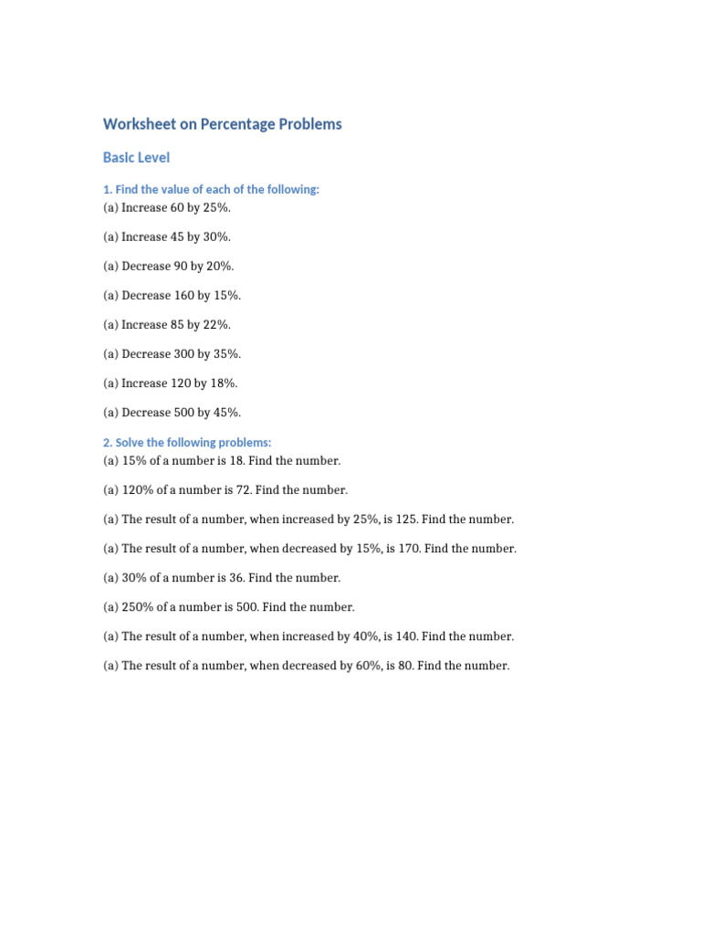 Percentage Problems Worksheet (3) | PDF