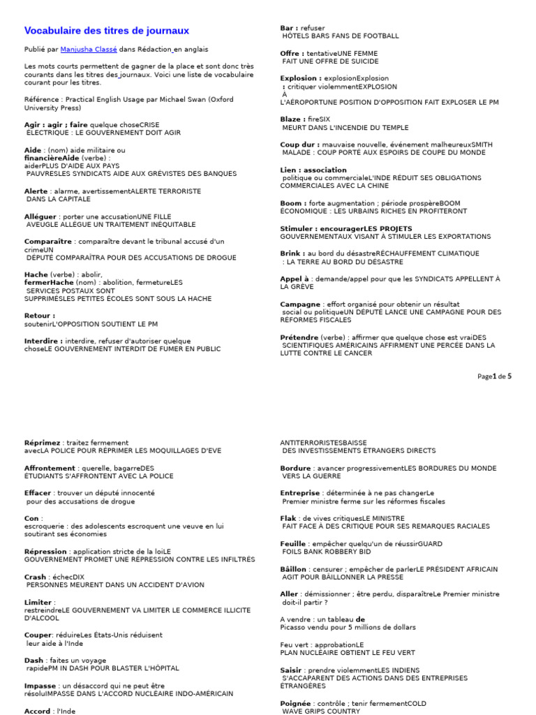 Vocabulaire Des Titres de Journaux | PDF | Inflation