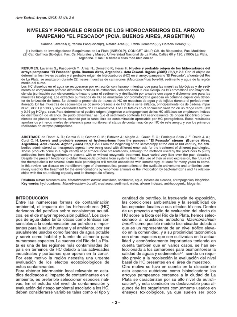 2005 - Acta Toxicol Argent - Hidrocarburos El Pescado | PDF | Agua | Cromatografía
