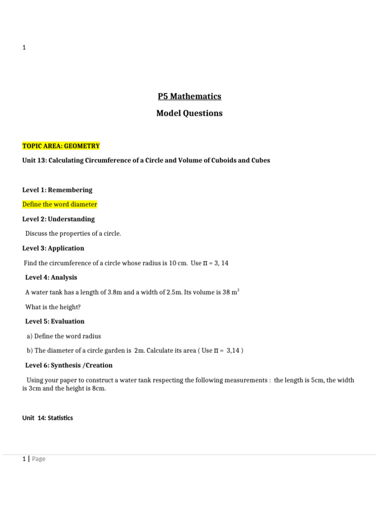 p5 Maths Model Questions - Doc 19-04-2018 | PDF