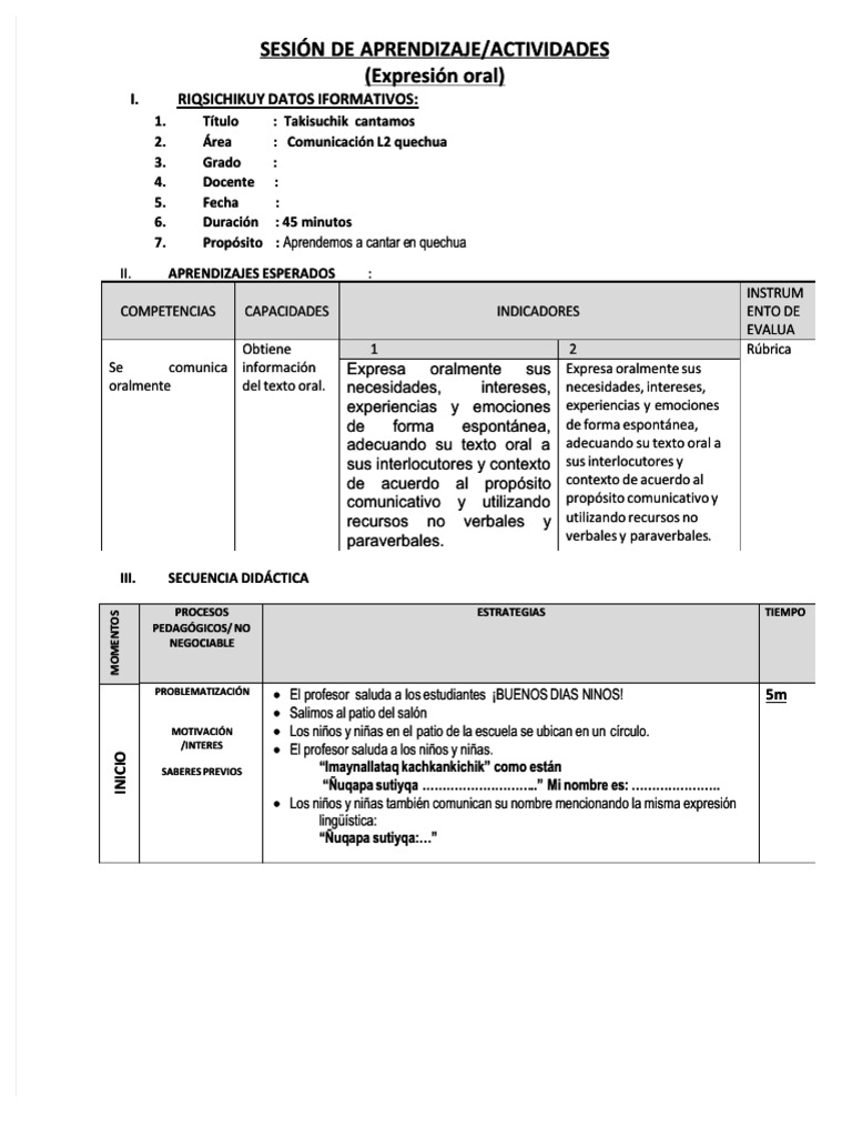 PDF Sesion de Aprendizaje en Quechua Compress | PDF | Maestros | Aprendizaje