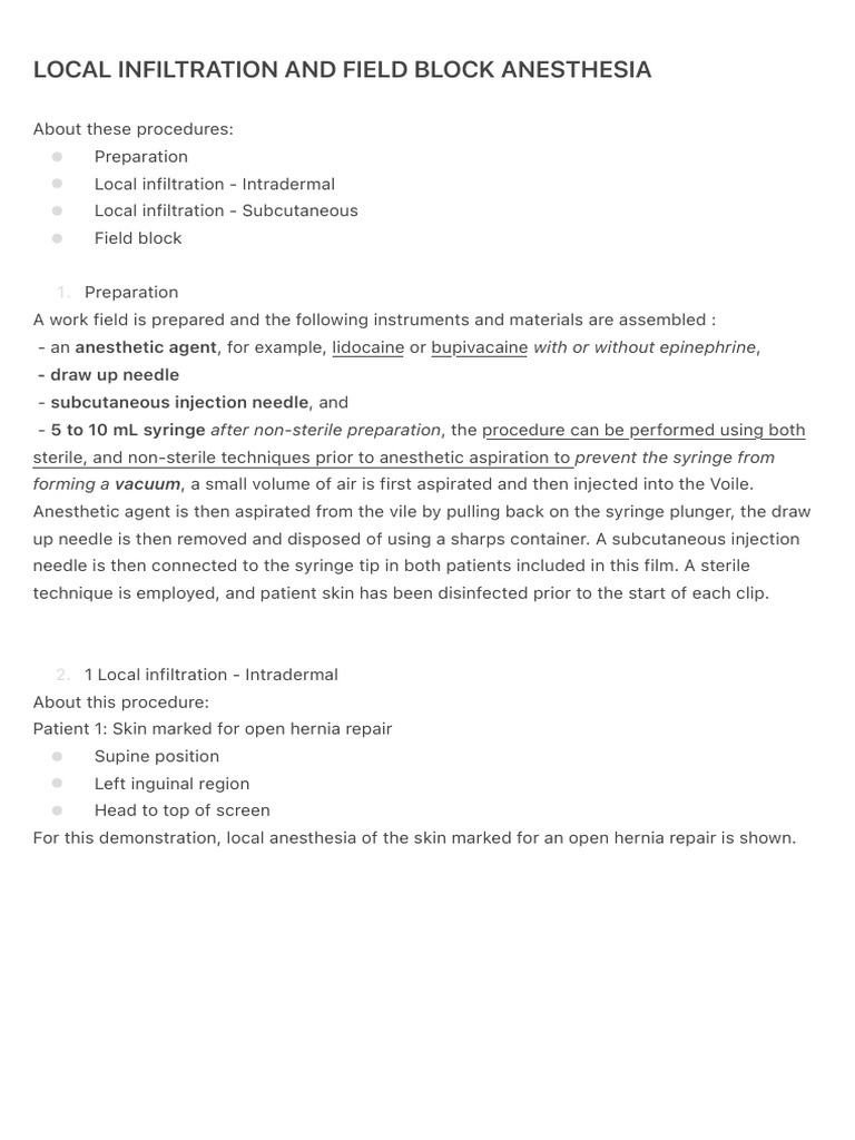 Local Infiltration and Field Block Anesthesia | PDF | Injection ...