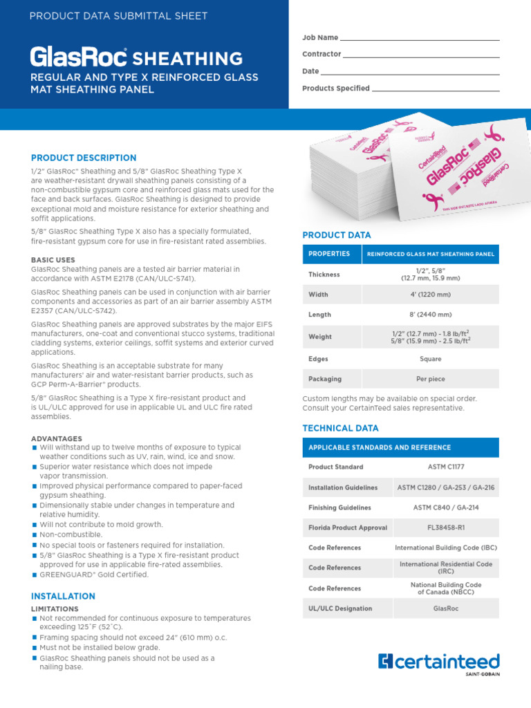 Glasroc Sheathing Data Sheet e 2202ctg | PDF | Drywall | Building Engineering