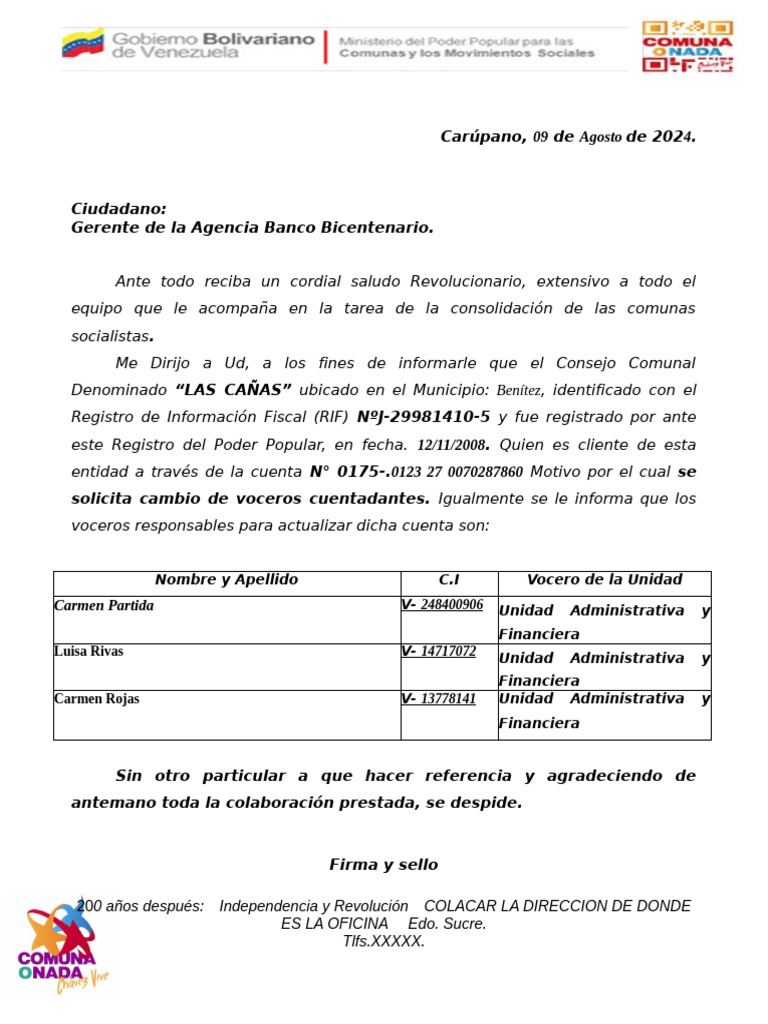 MODELO OFICIO AL BANCO DE CONSEJO COMUNAL Listo para El Banco Las Cañas | PDF