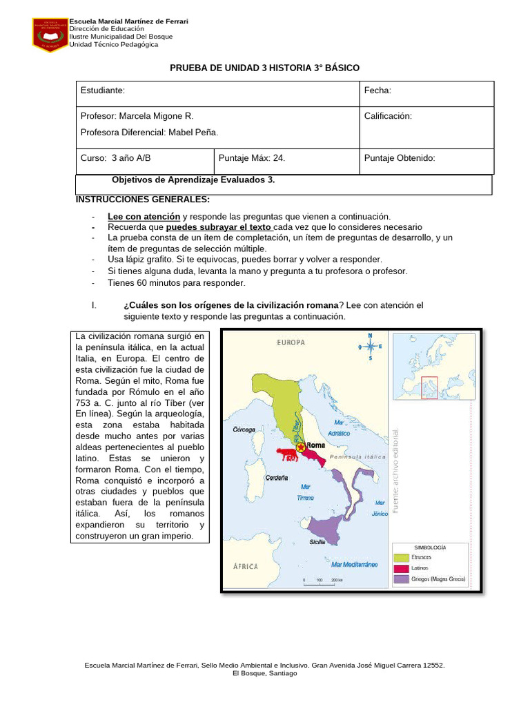 PRUEBA DE UNIDAD 3 HISTORIA 3 BASICO Con Cambios. 0110 | PDF | Italia | Roma antigua