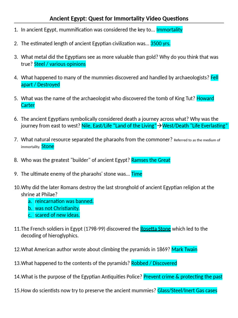 Ancient Egypt Quest For Immortality Video Questions KEY | PDF