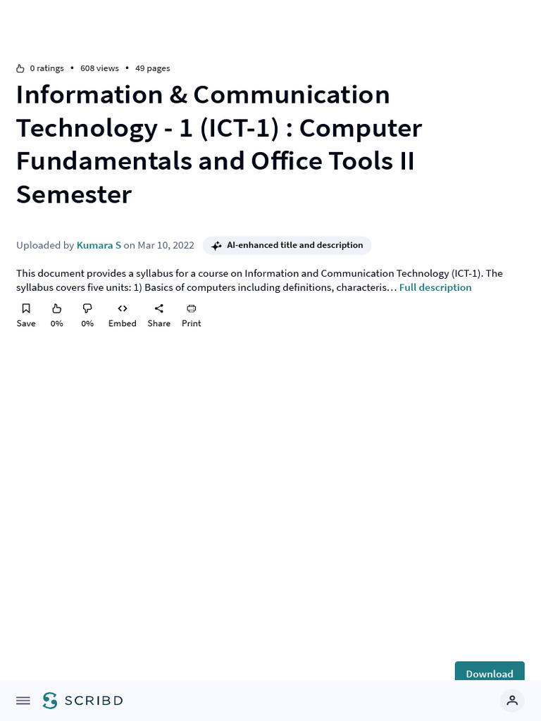 Information & Communication Technology - 1 (ICT-1) : Computer Fundamentals and O Ice Tools II ...