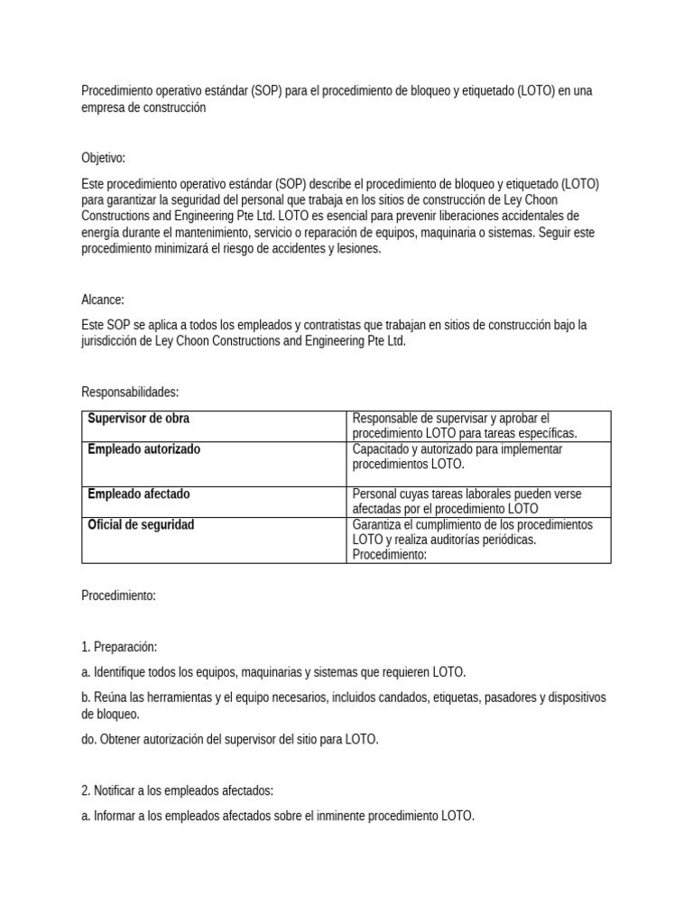 SOP de Bloqueo y Etiquetado en Construcción | PDF