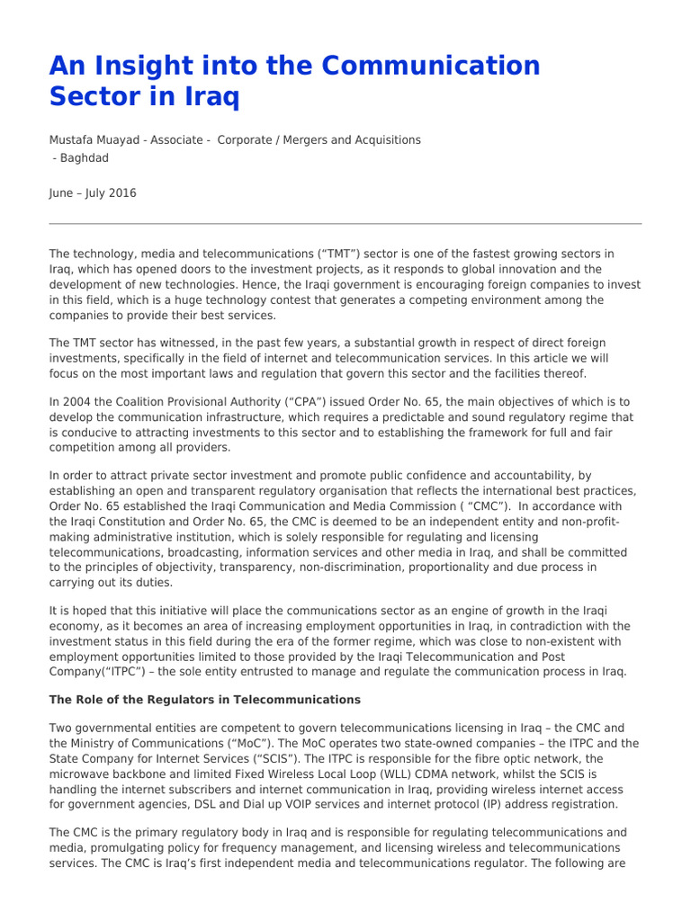 Overview of Iraq's Telecom Sector Growth | PDF | License | Coalition ...