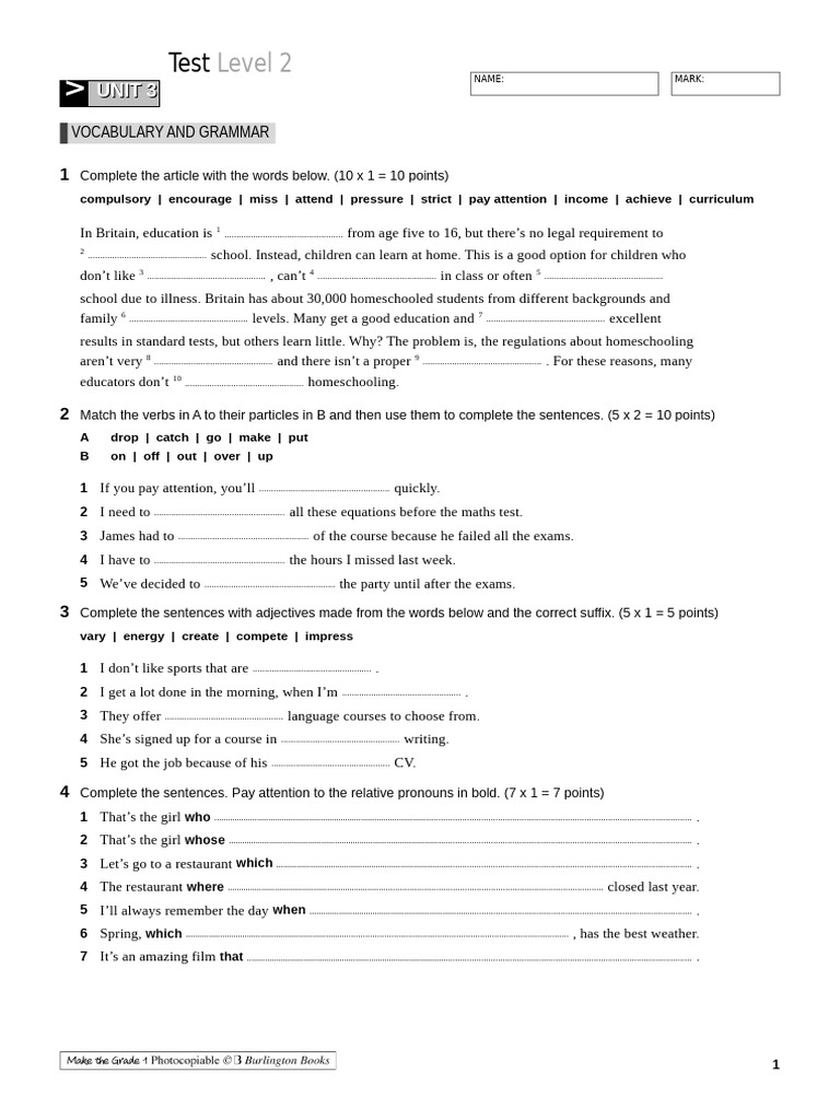 Revision Grammar Exam Unit 3 | PDF | Homeschooling | Syntax