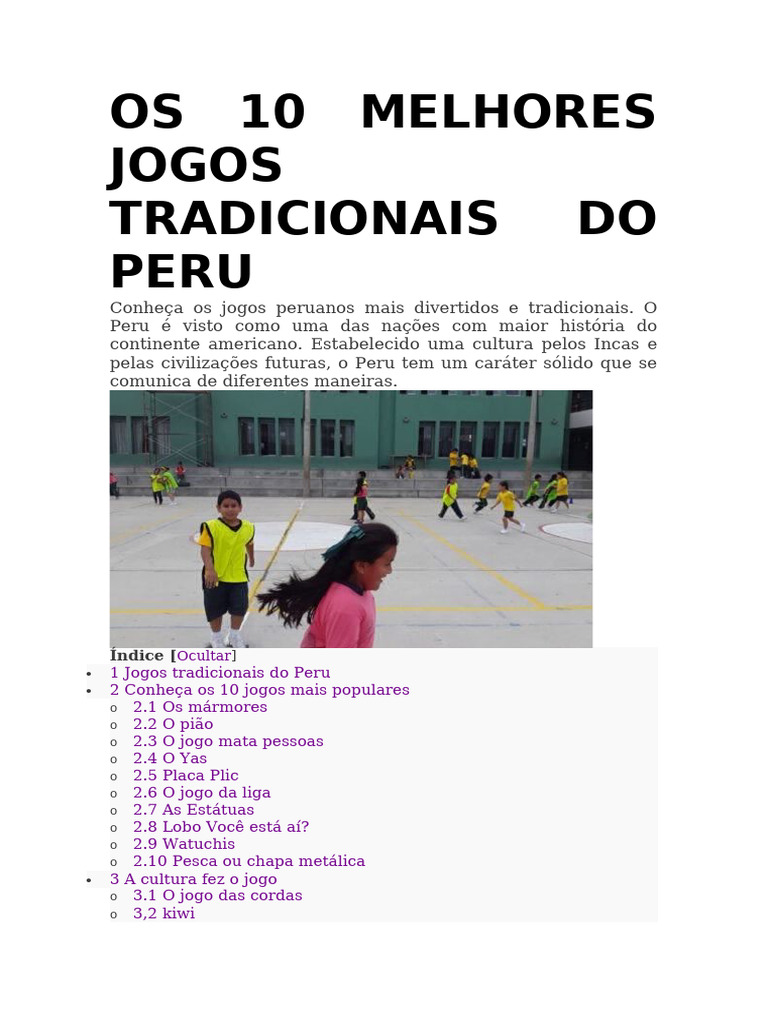 OS 10 MELHORES JOGOS TRADICIONAIS DO PERU | PDF | Peixes | Peru
