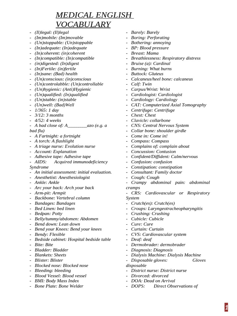 Medical English Vocabulary (List) | PDF | Edema | Clinical Medicine