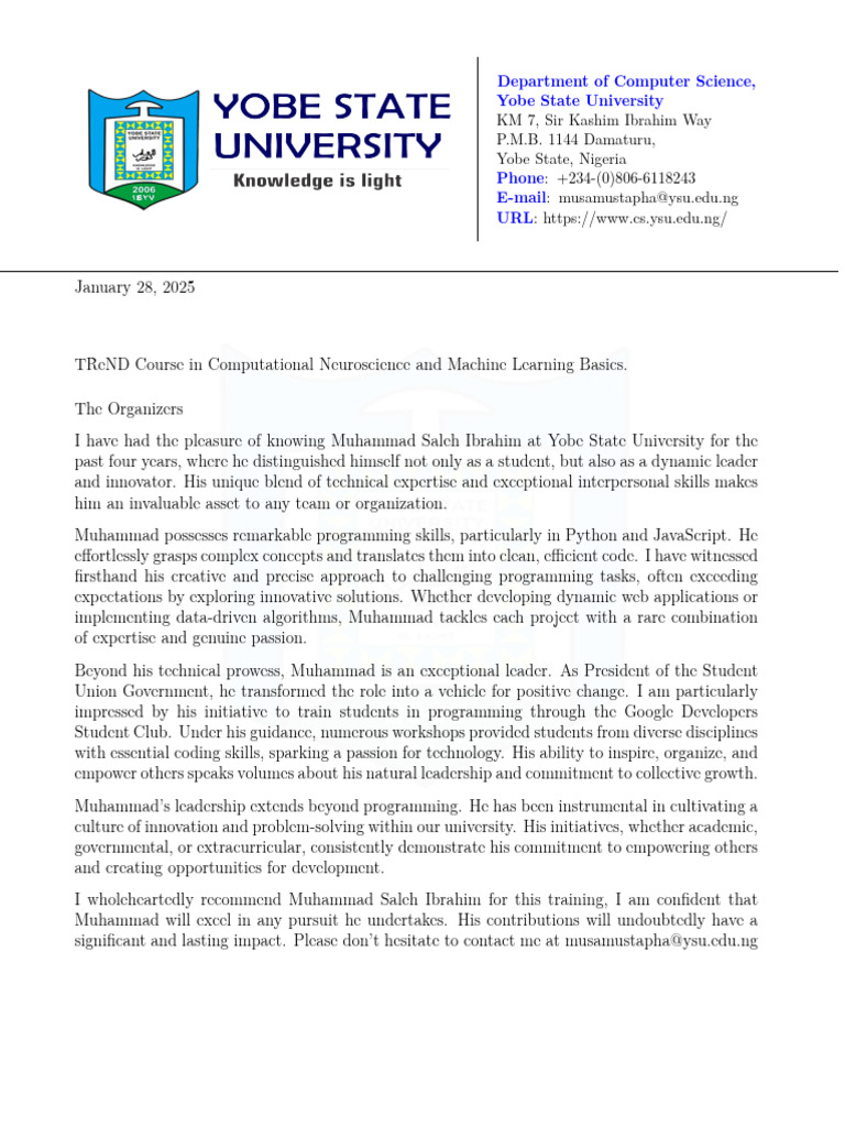 Recommendation Letter For TReND Africa Computational Neuroscience and ML Course | PDF | Computer ...