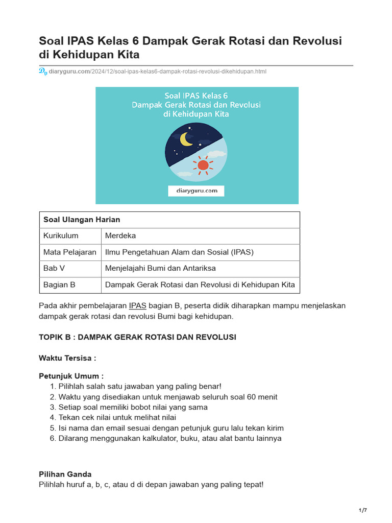 Soal IPAS Kelas 6: Rotasi dan Revolusi | PDF