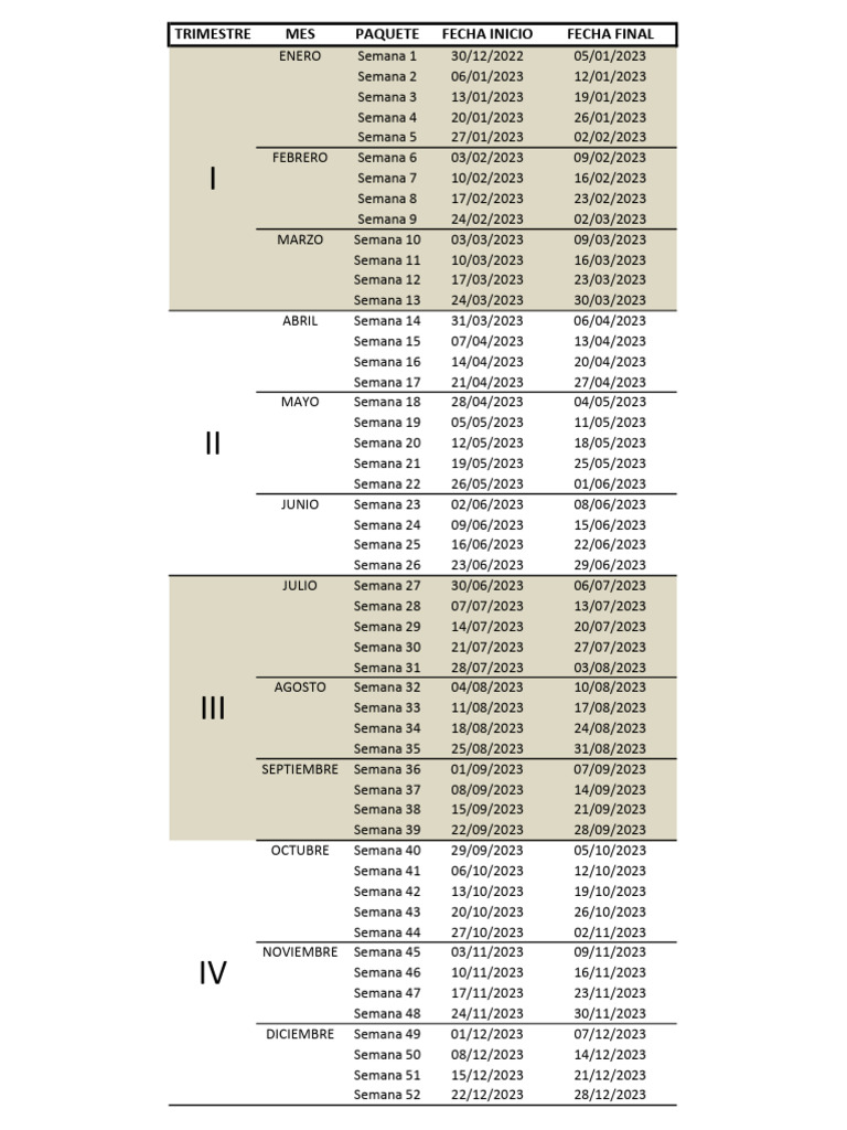 Calendario Semanas 2023 | PDF