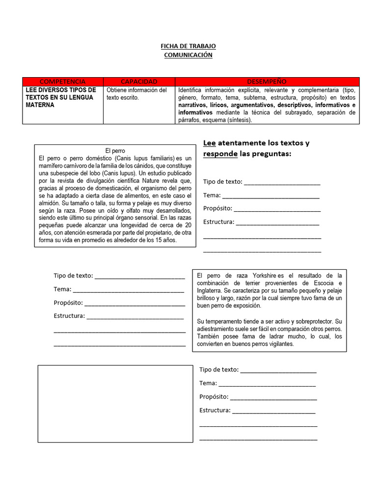 ficha- Tipos de textos | PDF | Perros | Zoología