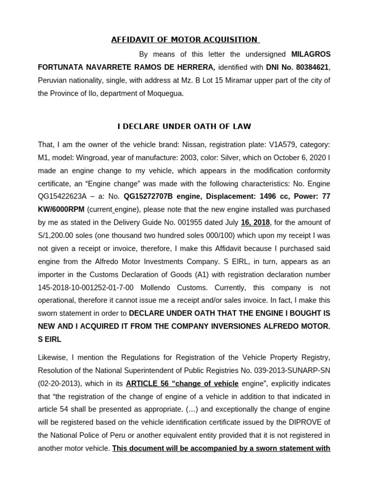 Sworn Declaration CHANGE OF ENGINE | PDF | Notary Public