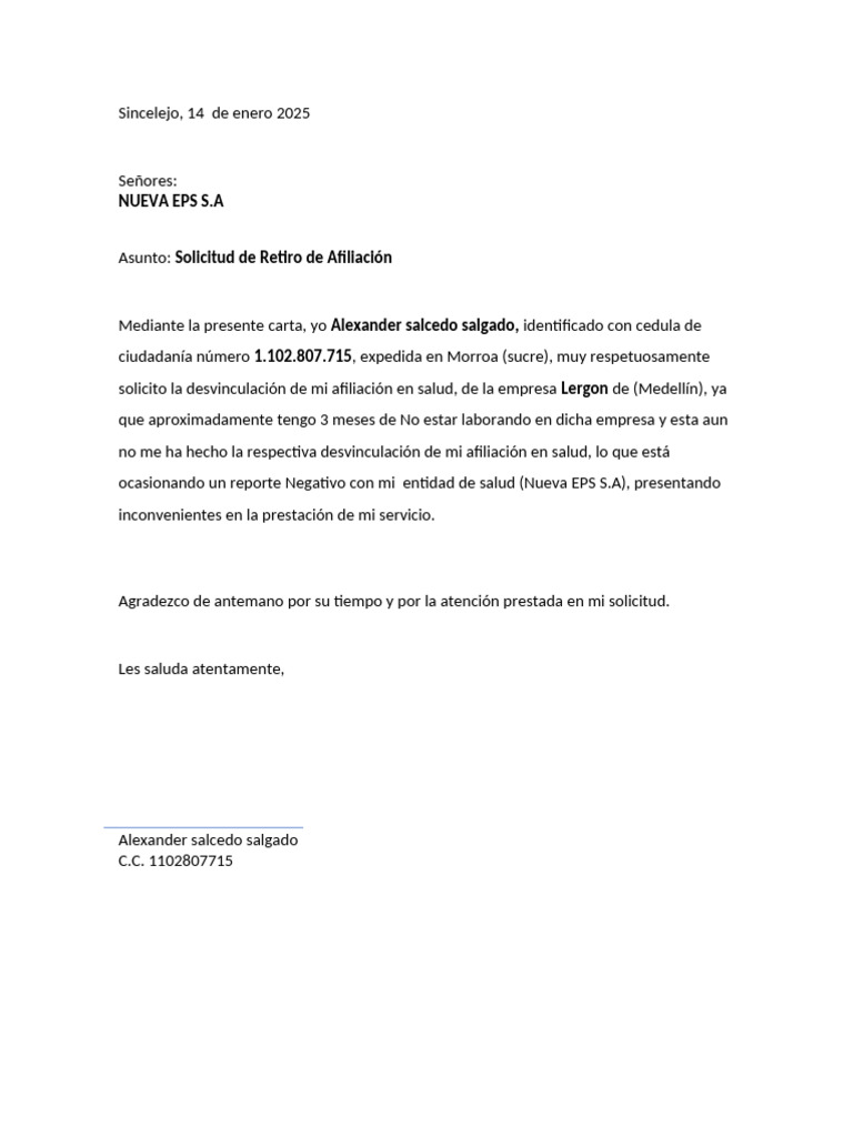 Solicitud Retiro Afiliacion Alexander | PDF