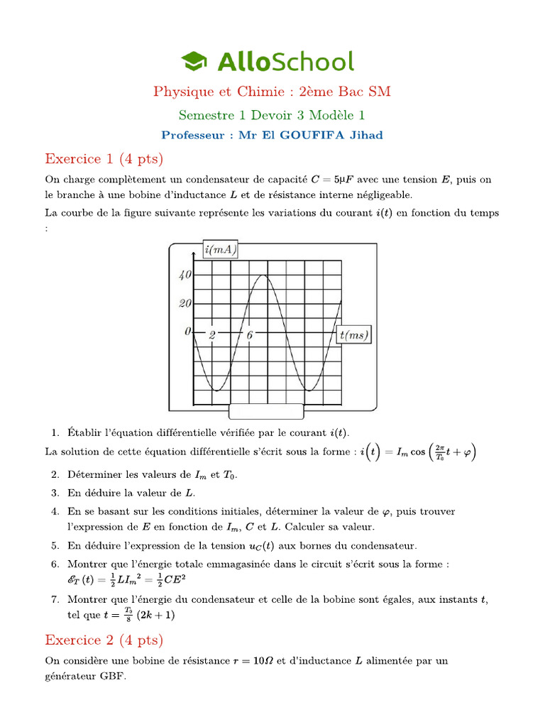 PC 2bac SM Semestre 1 Devoir 3 Modele 1 5 | PDF