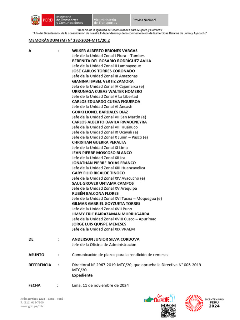 Memo Multiple 232-2024-MTC.20.2 Cumplimiento de Rendicion de Remesas | PDF | Perú