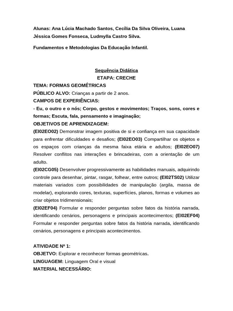 SEQUÊNCIA DIDÁTICA 1 | PDF | Pré-escola | Aprendizado