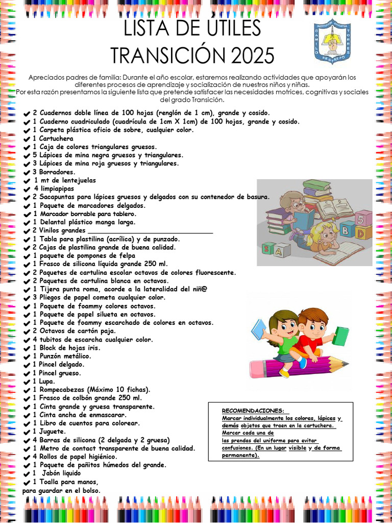 Lista de útiles preescolar 2025 | PDF