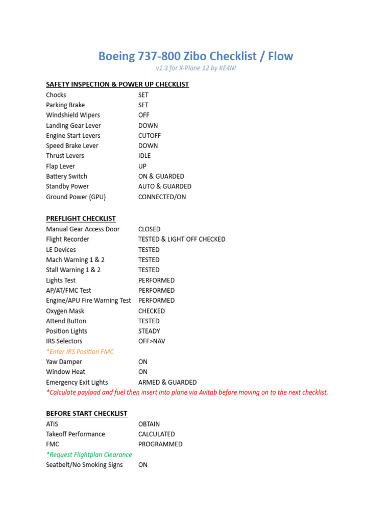 Boeing 737-800 Zibo Checklist Flow v1.3 by KE4NI | PDF | Landing Gear ...